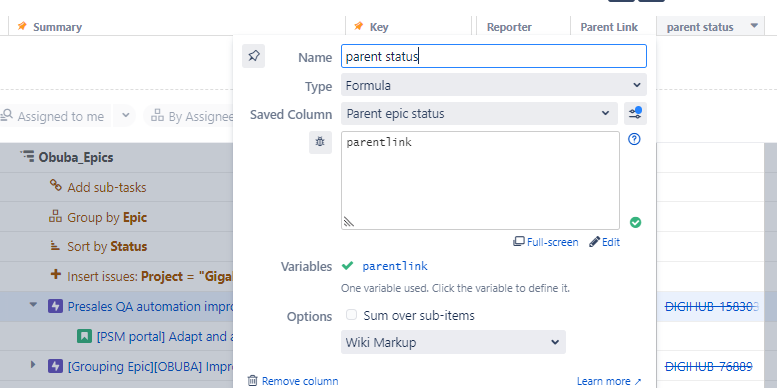 formula column for JIRA structure: Return the stat...