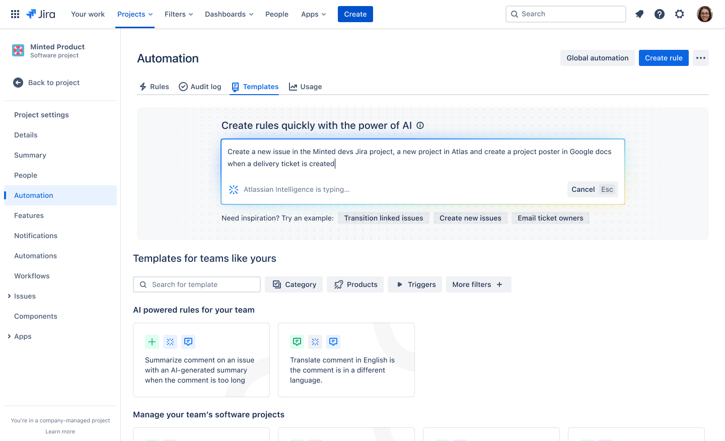 New Atlassian Intelligence features in Jira