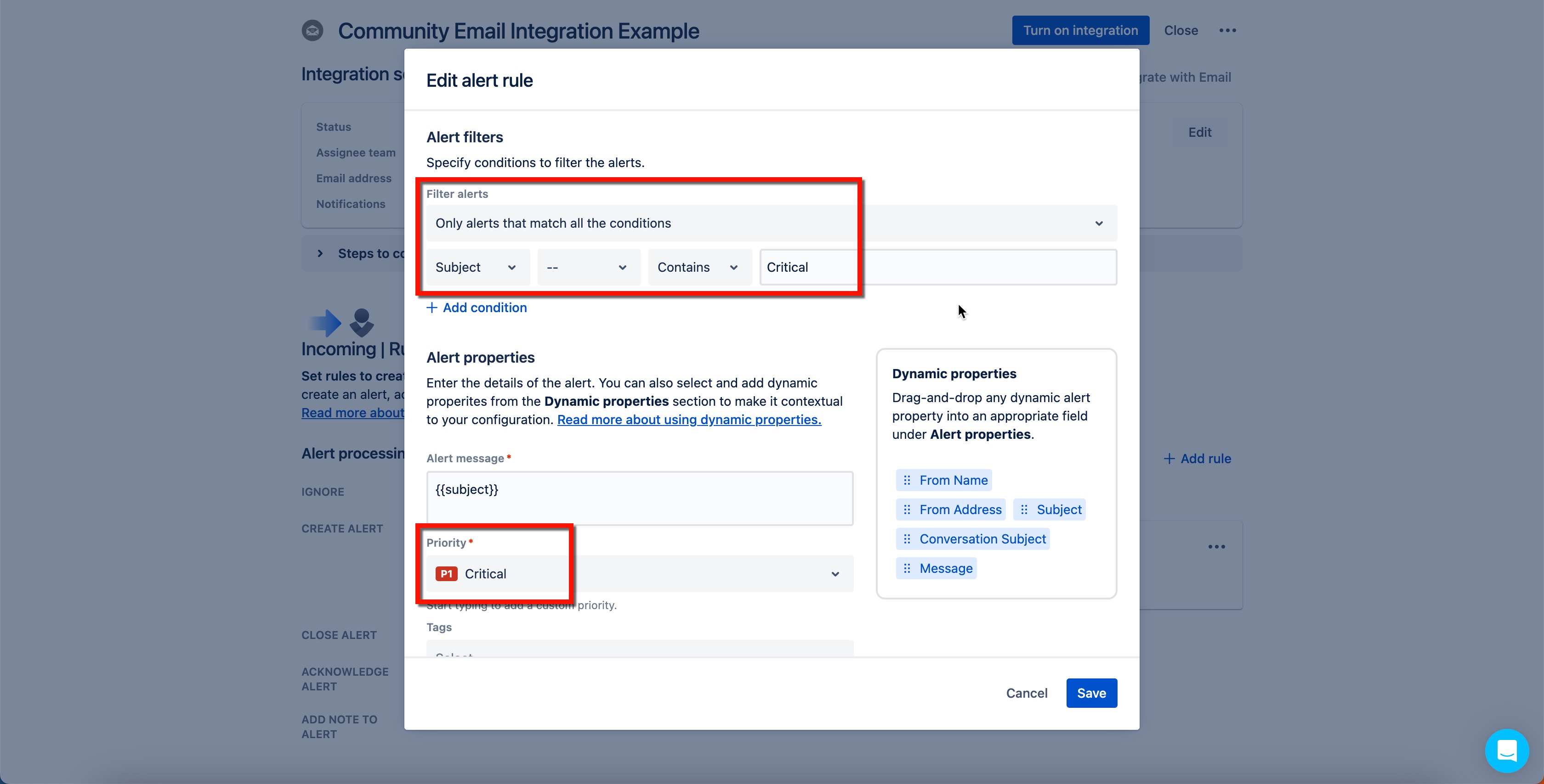 Define alerts priority when created via email inte...