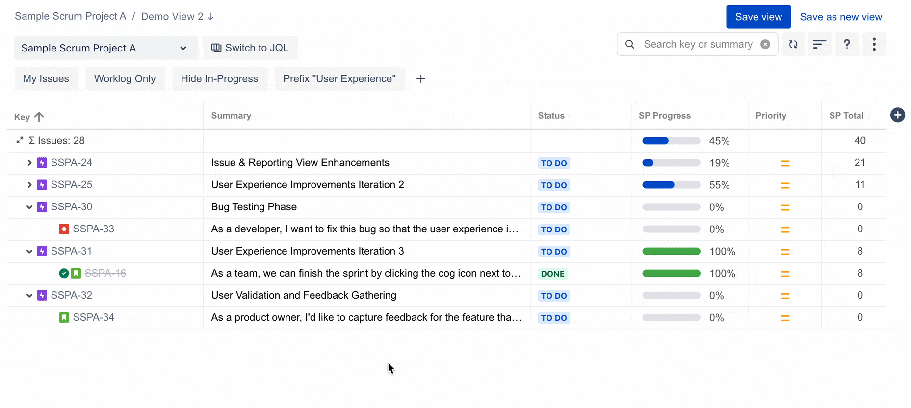 Writing a JQL query for stories in specific Epic