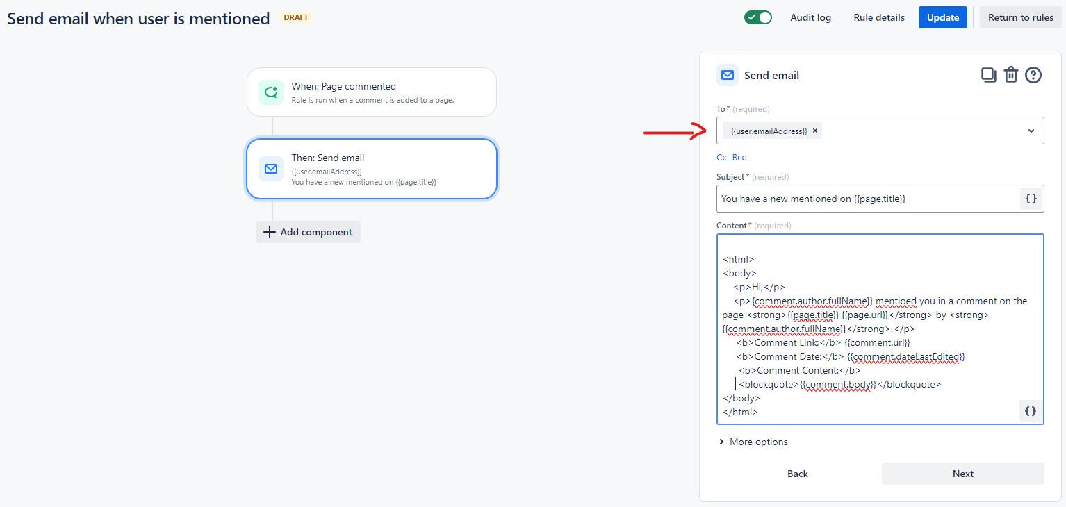 Email a user when he is mentioned in a comment