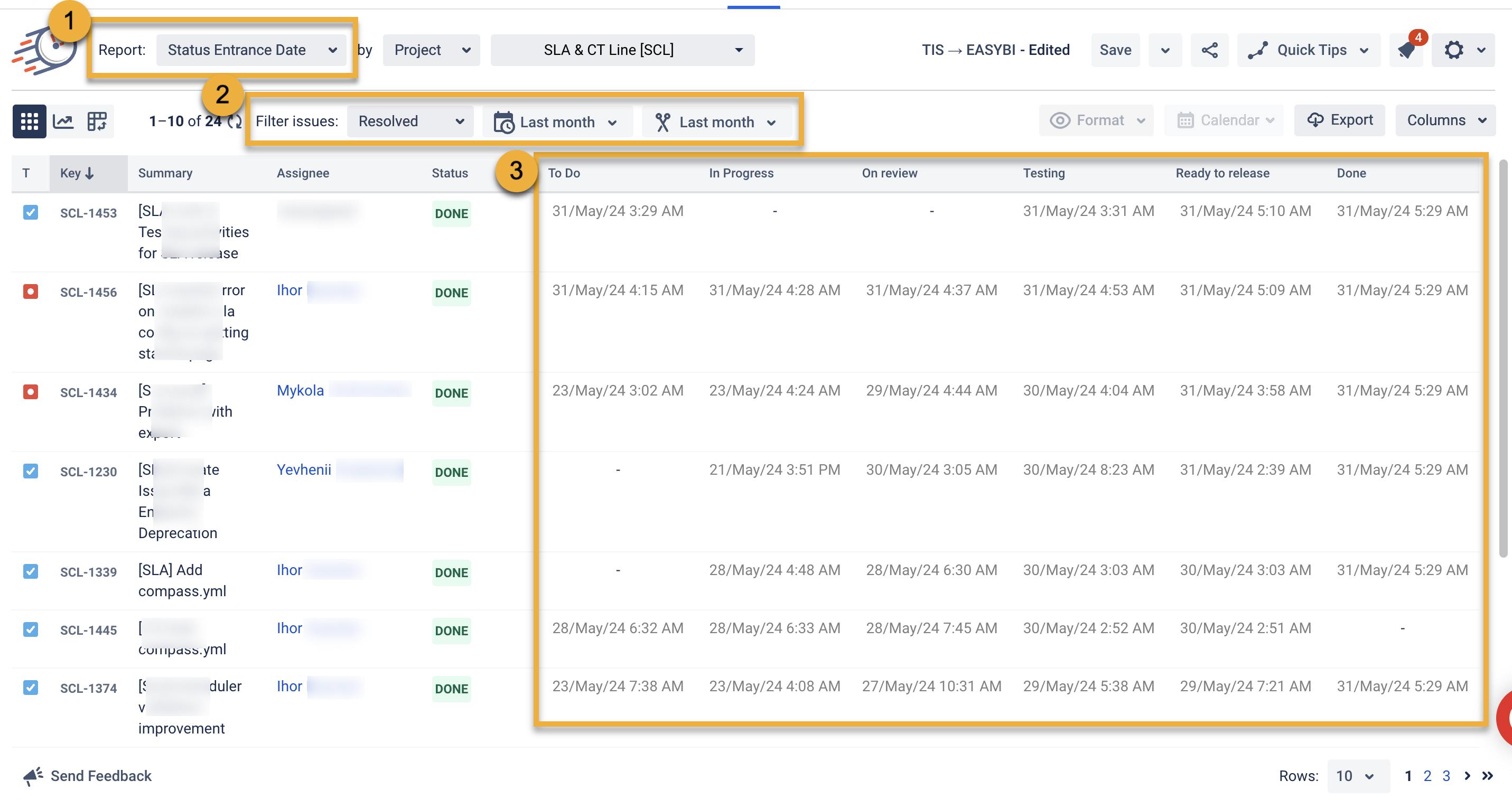 Extract the date of a specific status change from ...
