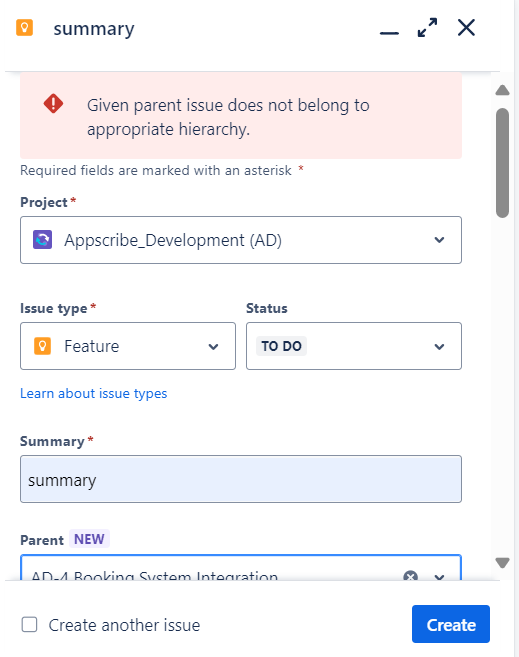 Unable to create a child issue under Epic
