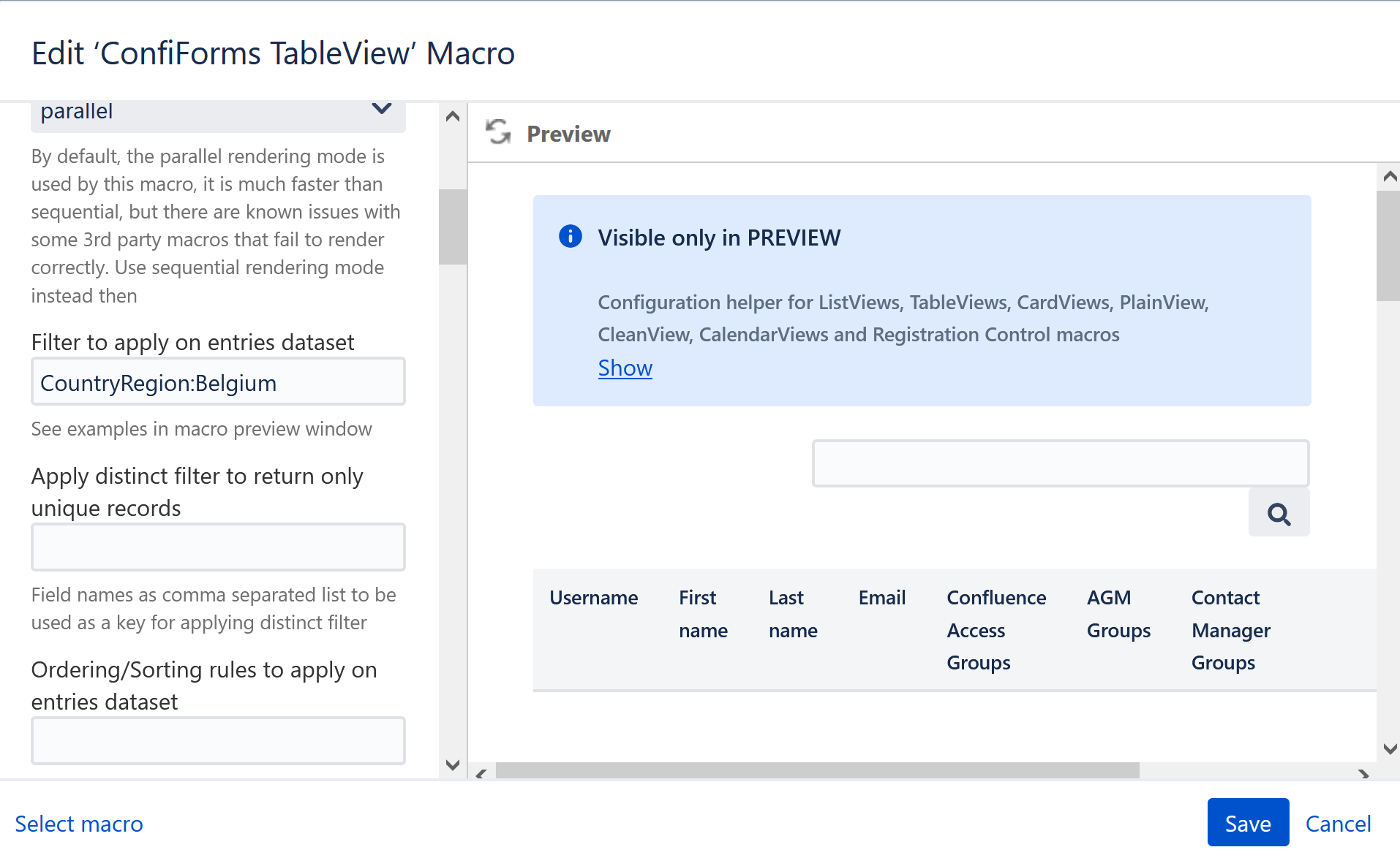 'ConfiForms TableView' 'Filter to apply on entries...