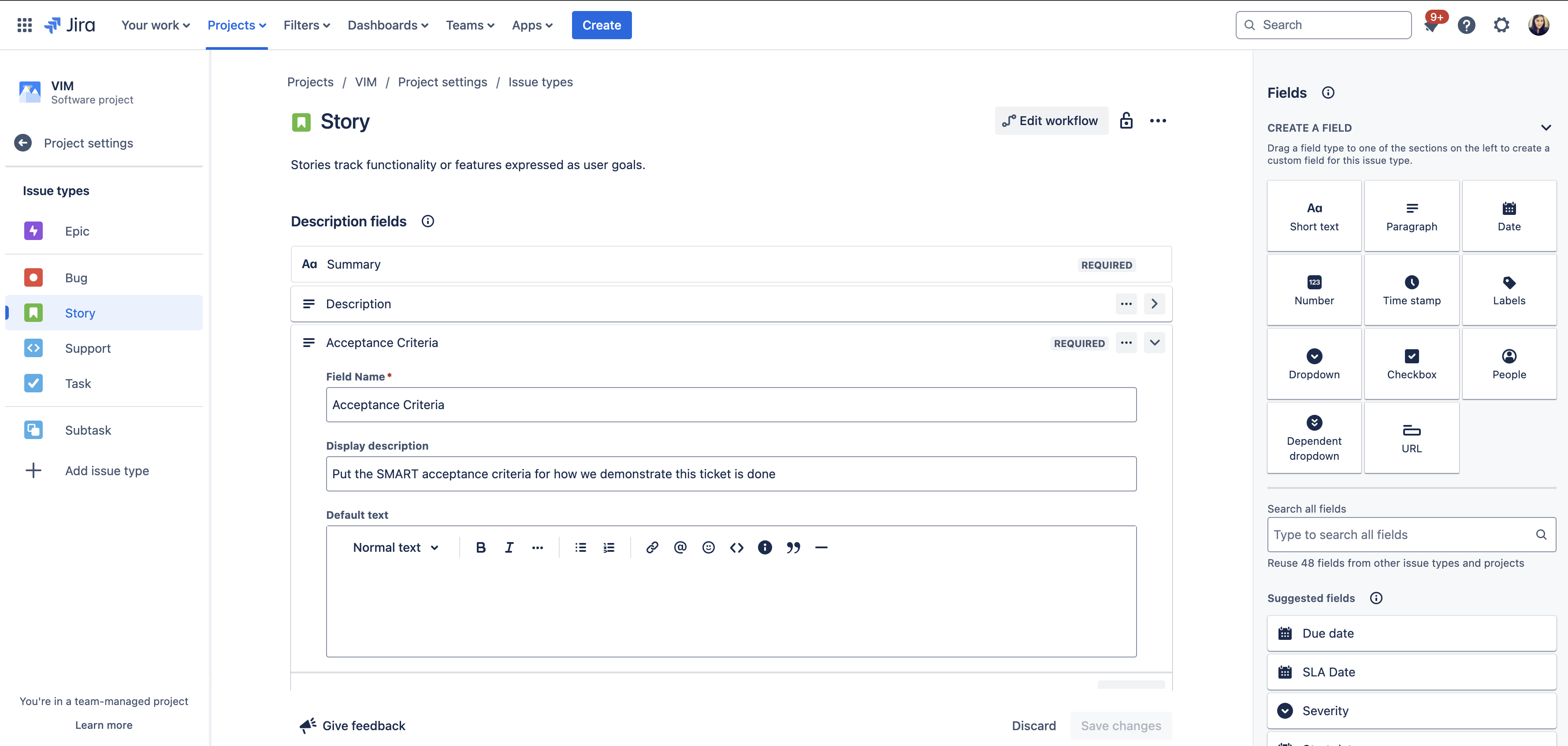 How to create/insert a table in the Issue Types pa...