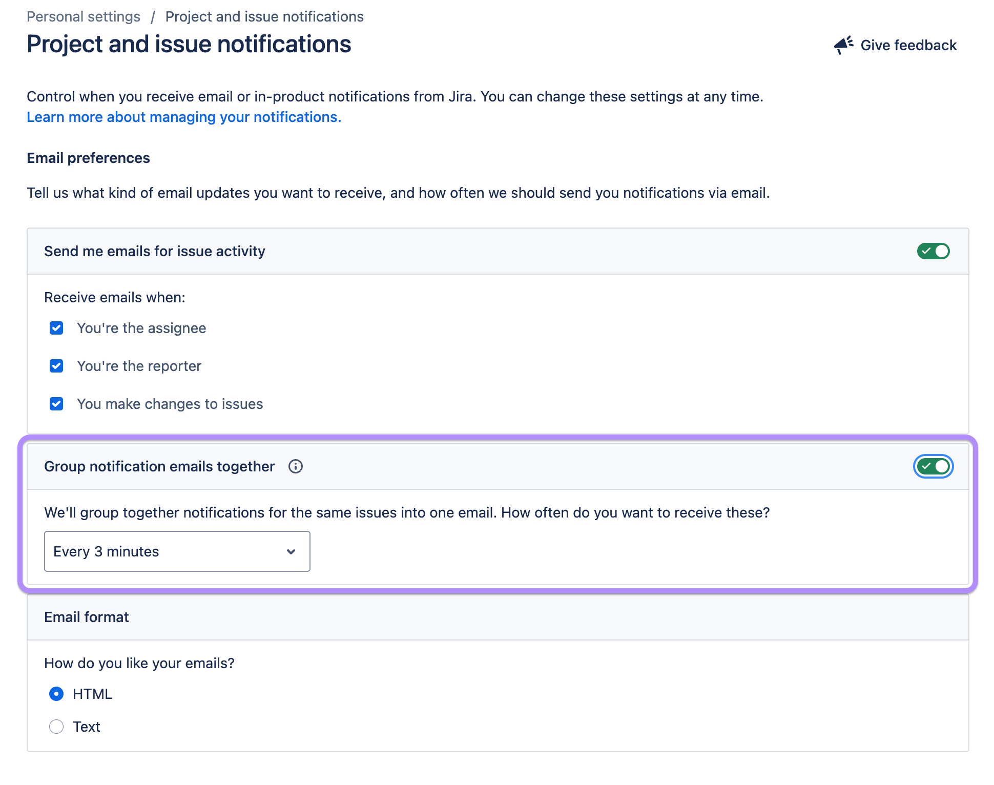 Ability to manage batched email notifications in Jira