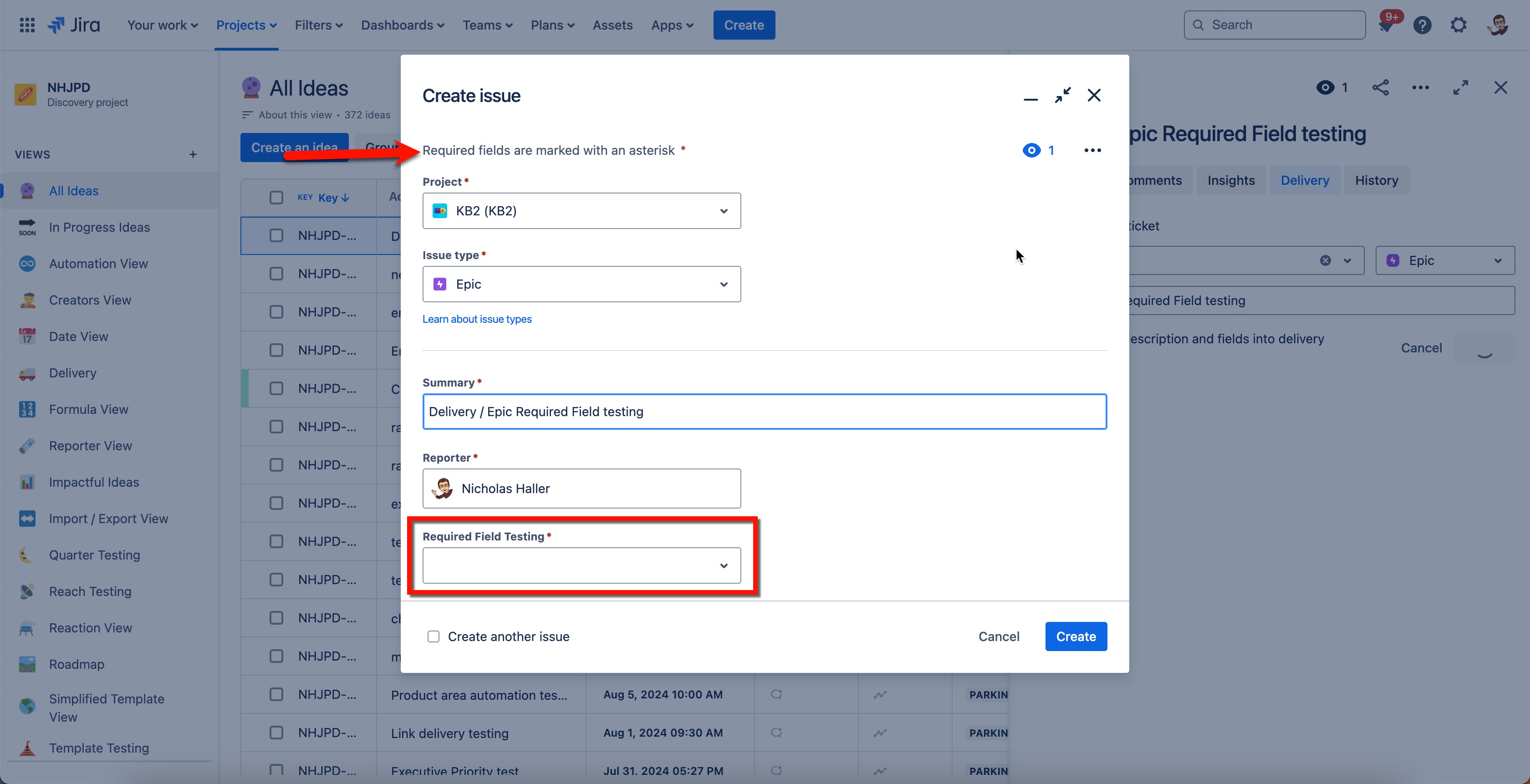 Required fields for Jira Project epics
