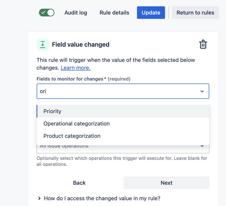 How to configure a rule for the "Original estimate...