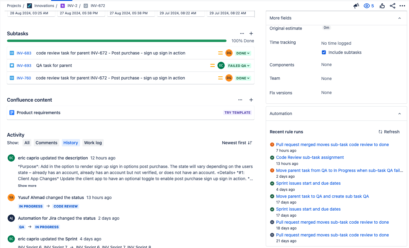 Automation of merged pull request in a parent task...