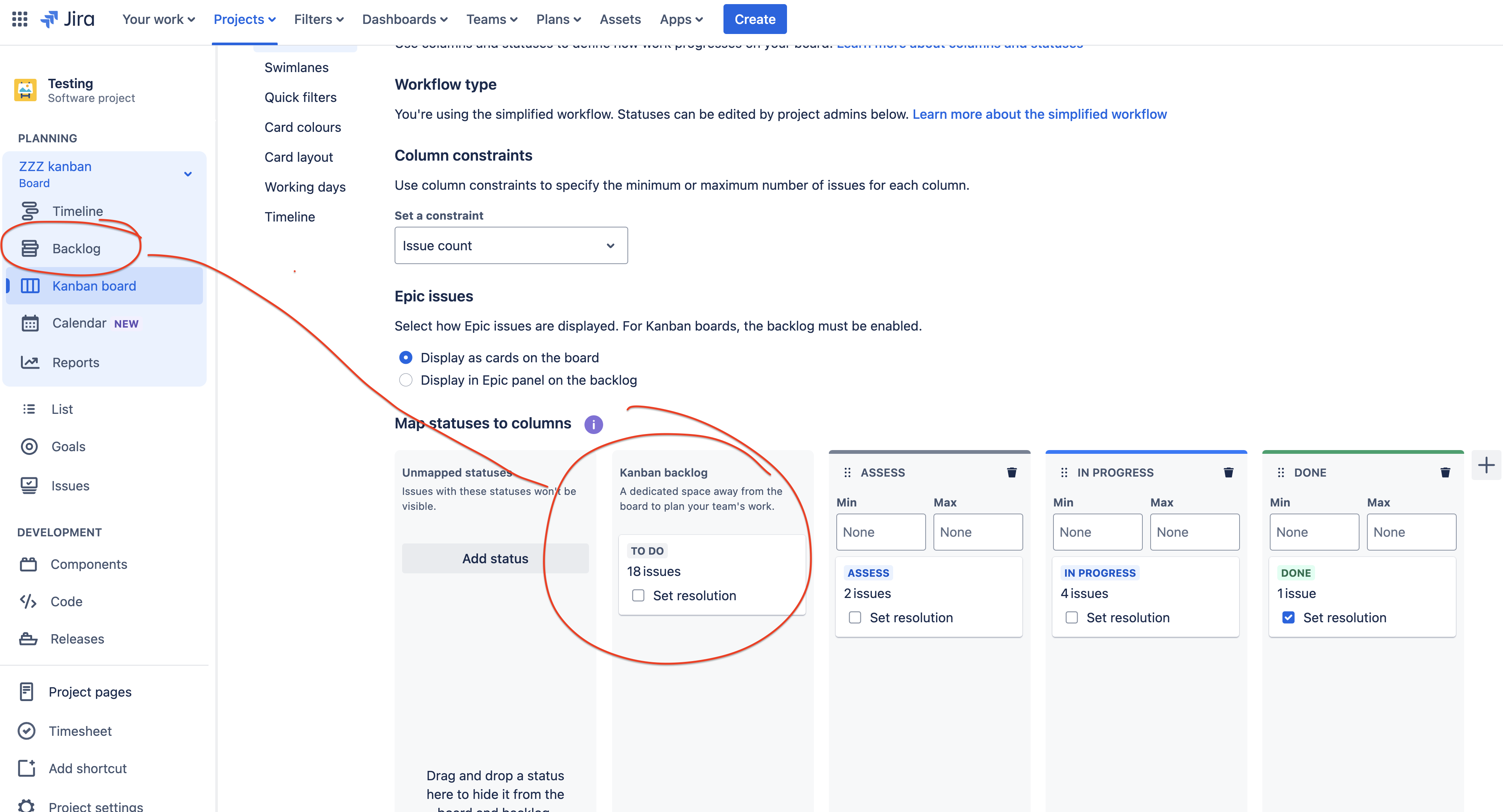 Kanban board with Backlog
