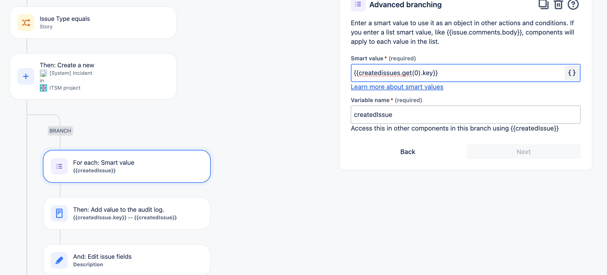 Solved: {{createdIssue}} smartvalue is not working for Bra...