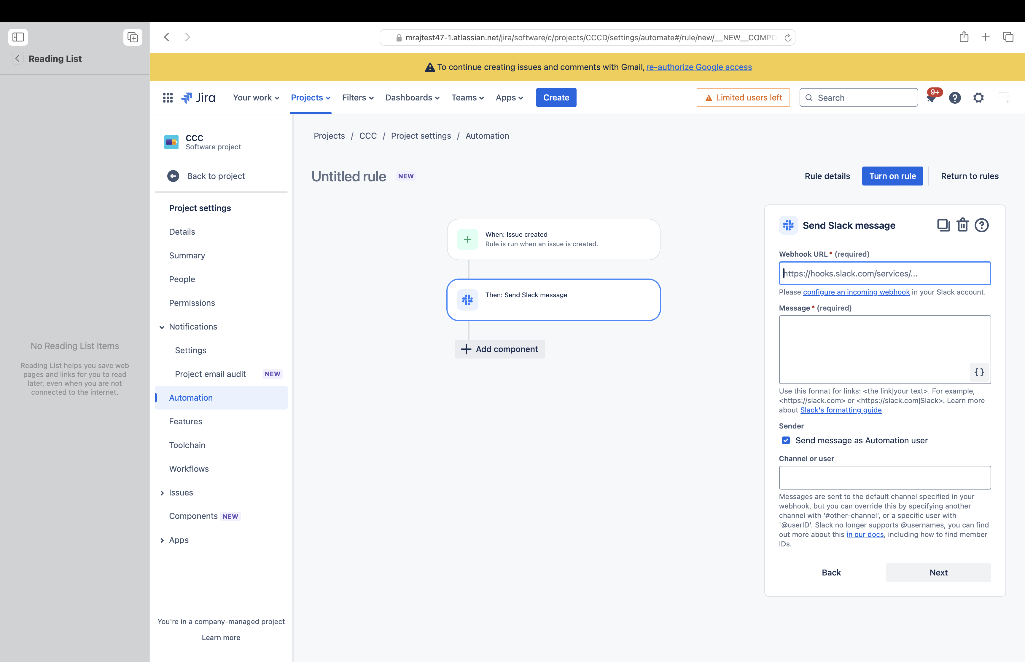 Sending a slack custom slack meesage using automat...