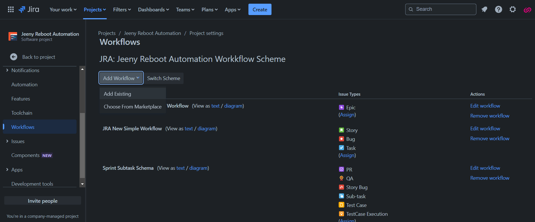 How to ADD issue type schema to project?