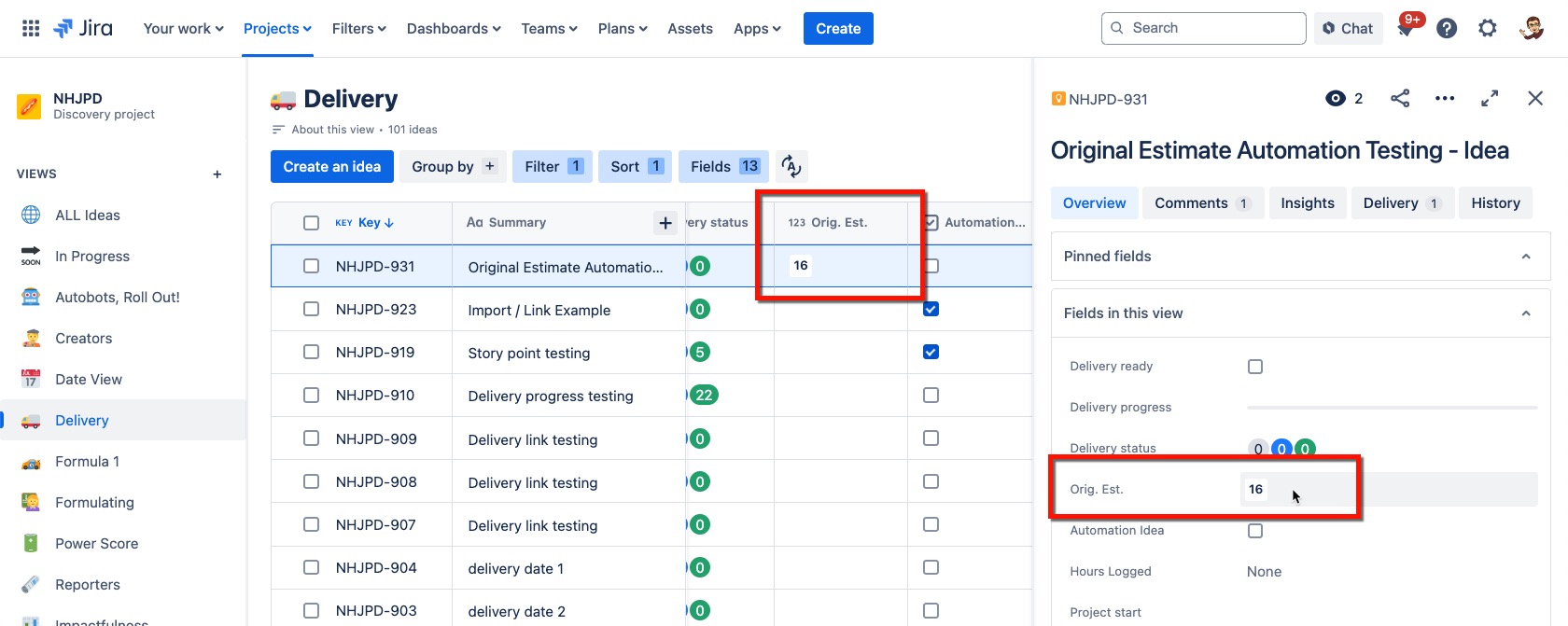Using time estimates in Delivery field