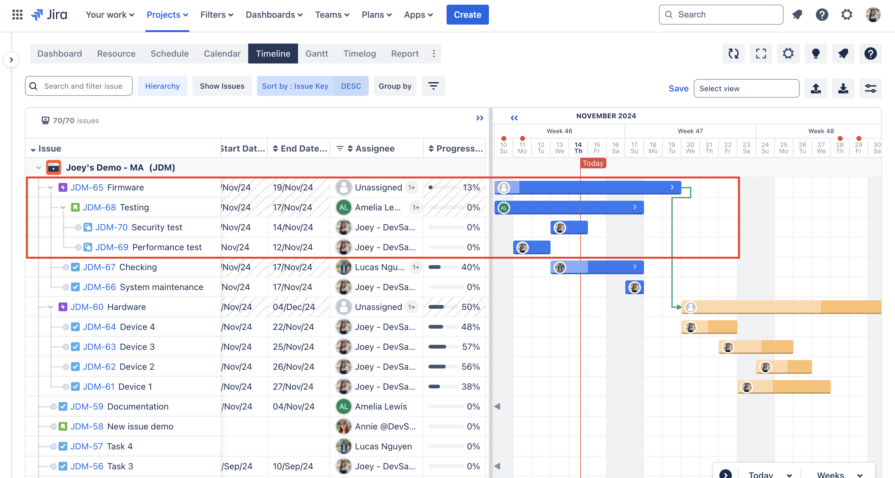 how to add subtasks in JIRA timeline