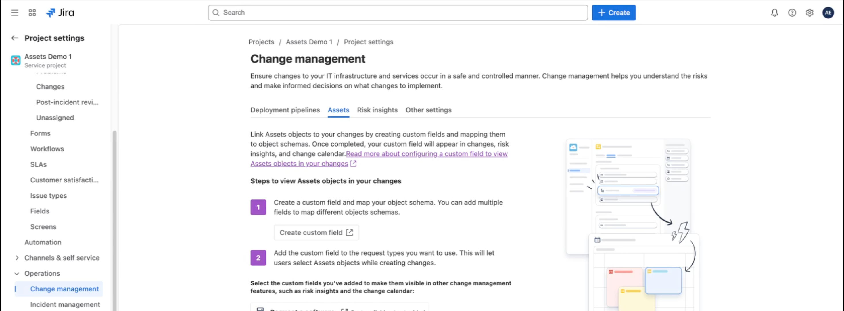 Connect Assets objects with change management and incidents in Jira Service Management