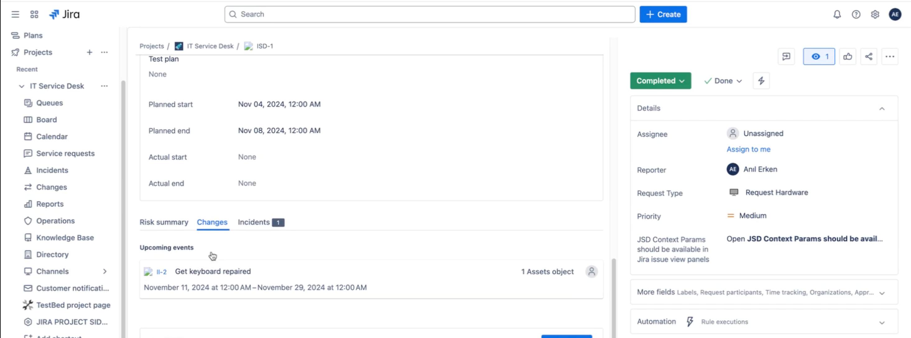 Connect Assets objects with change management and incidents in Jira Service Management