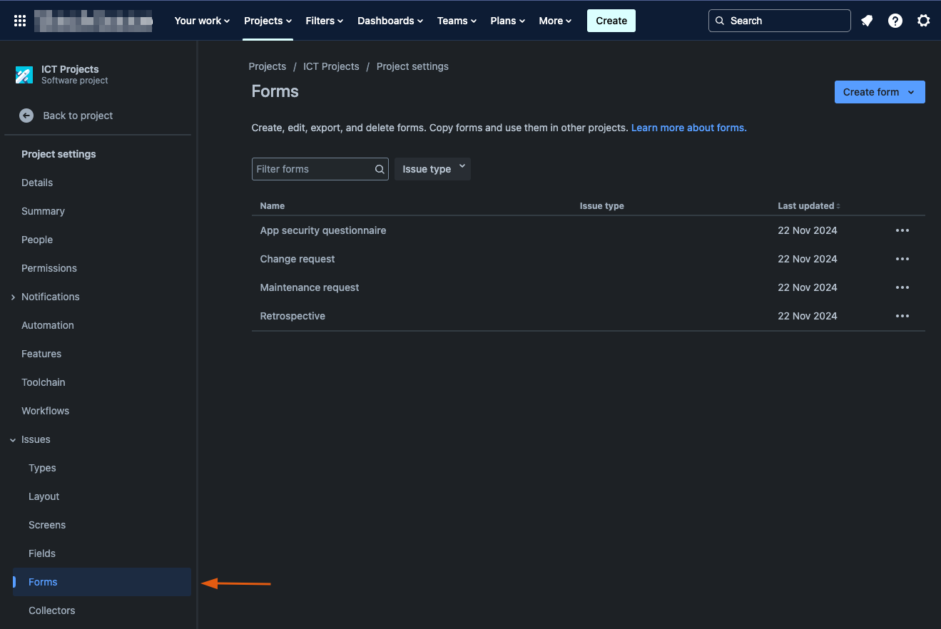 Forms in Jira cloud software projects