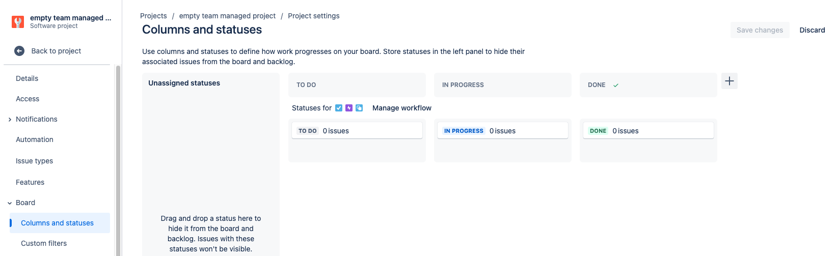 Board Settings in Team Managed Projects