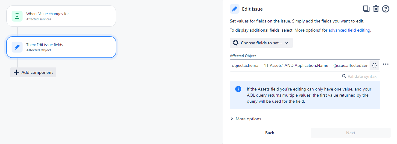 Syntax for updating affected object based on smart...