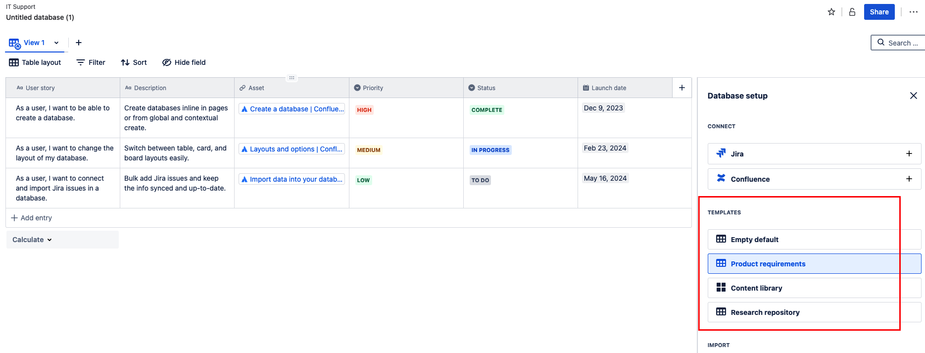 New Database Templates in Confluence