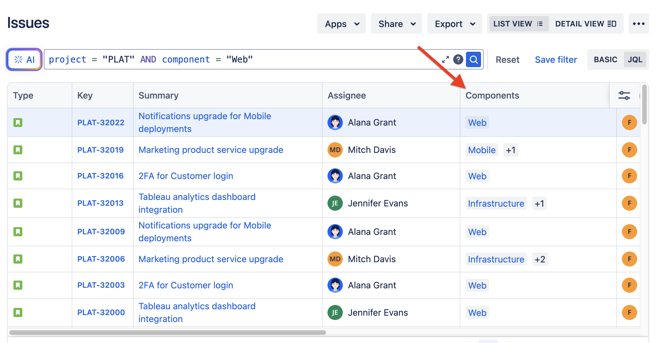 How do I create a table of jira tickets with a spe...