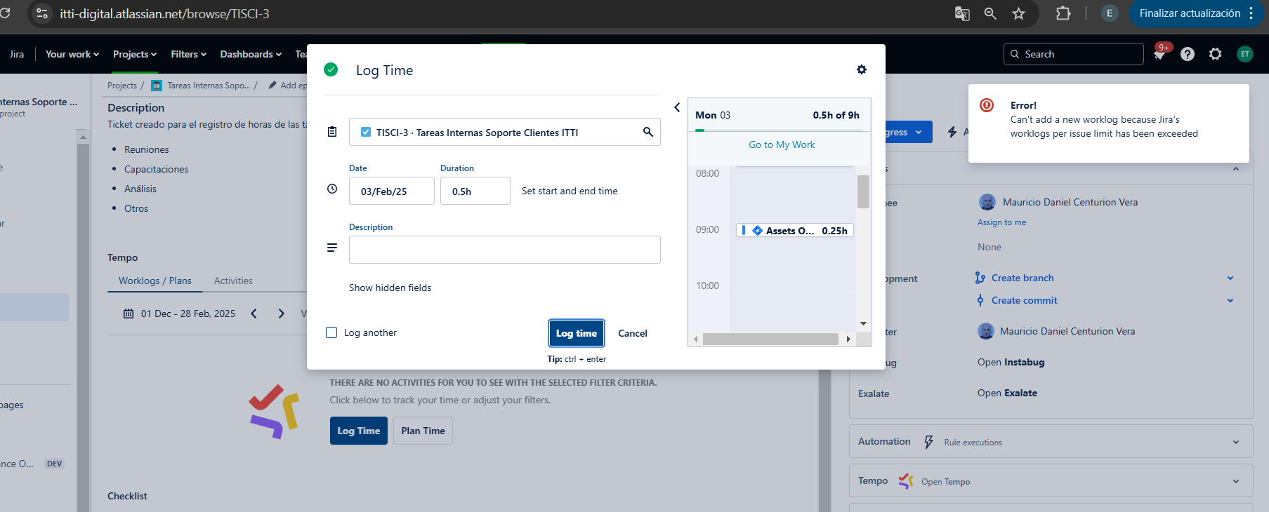 Problem logging work hours in tempo