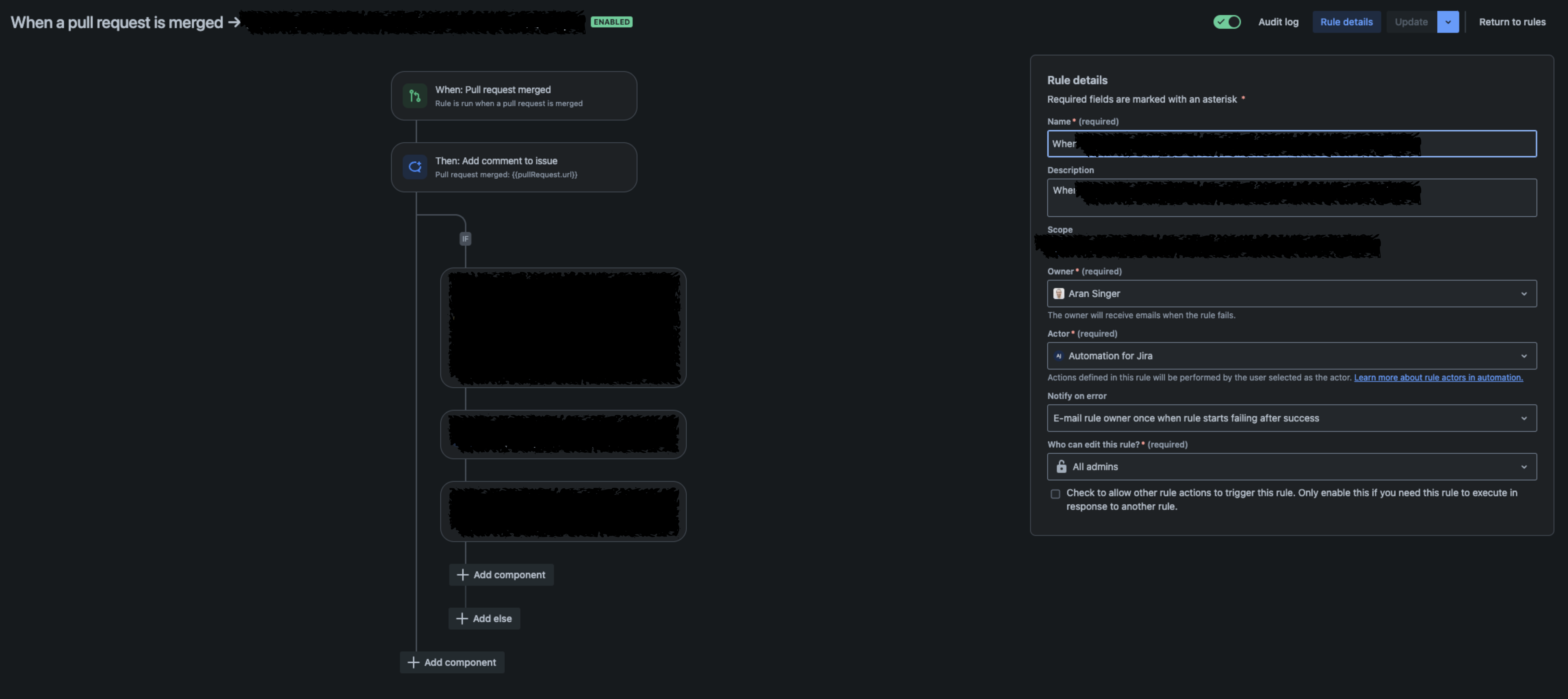 Jira automation trigger 'Pull request merged' stop...