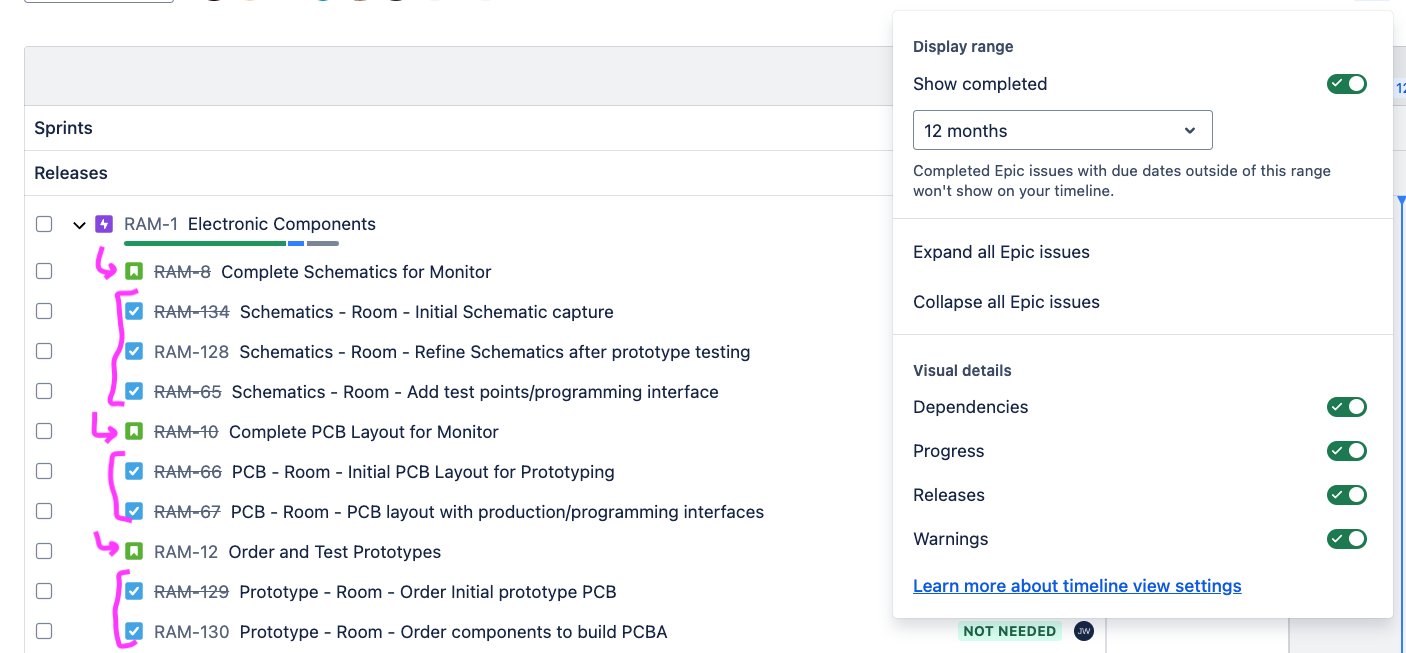 Timeline view: Epic -> task -> subtask hierarchy