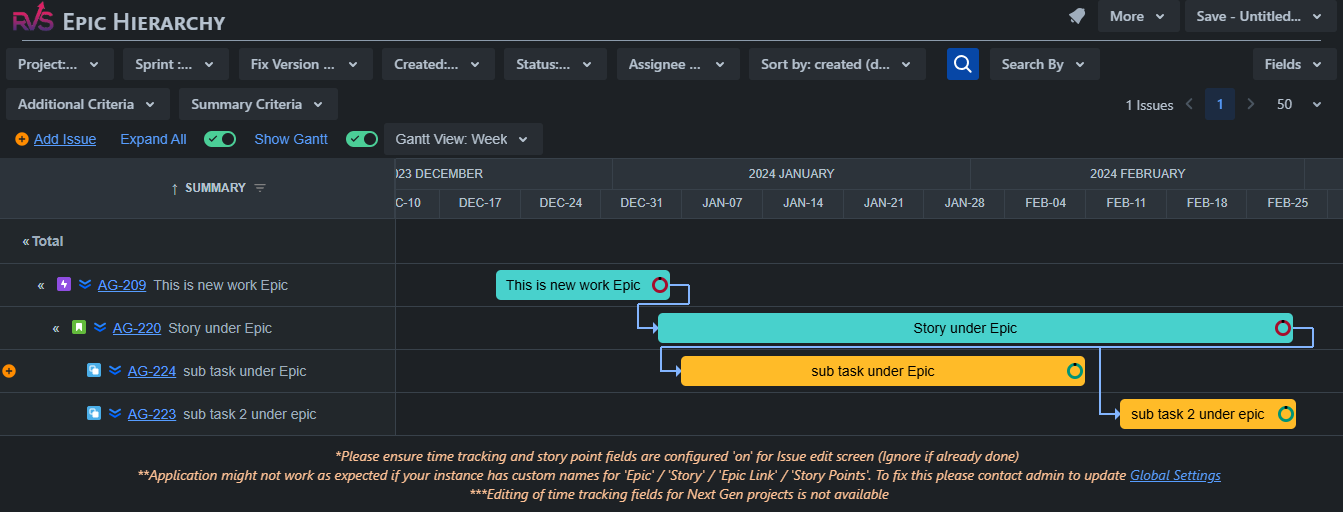 Timeline view: Epic -> task -> subtask hierarchy