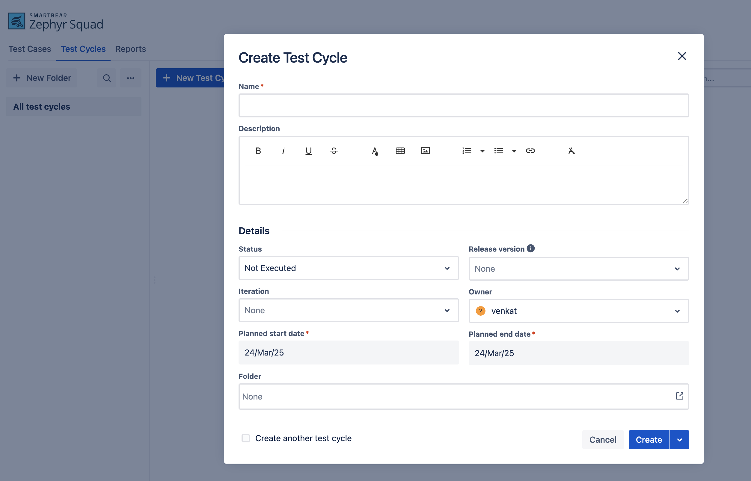 how add start and end date of test cycle in zephyr...