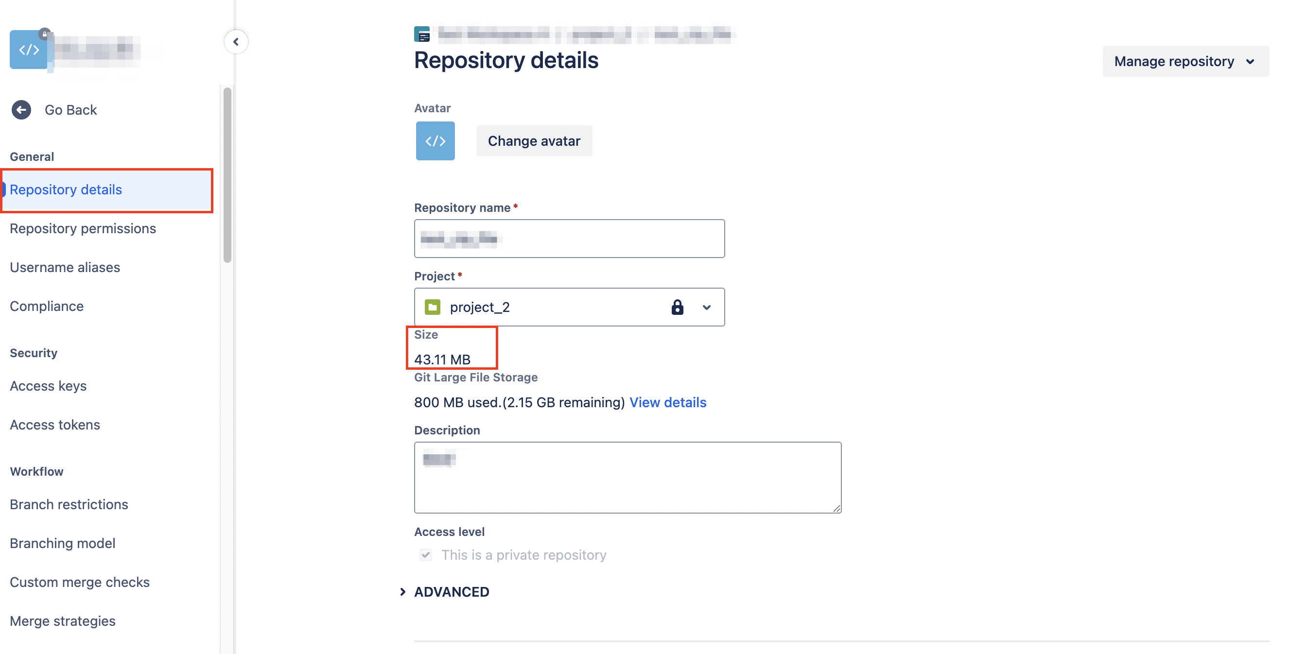 How to see the size of a repo in the bitbucket ui