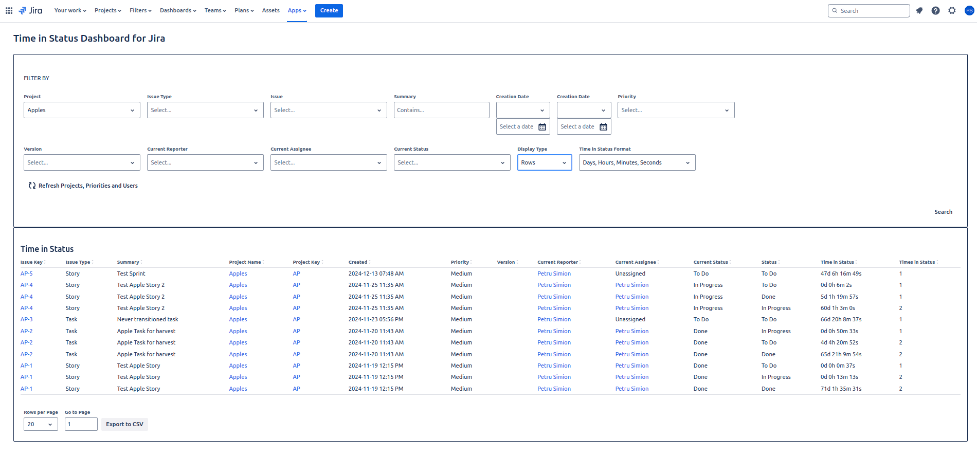 Time in status or Date entered this status