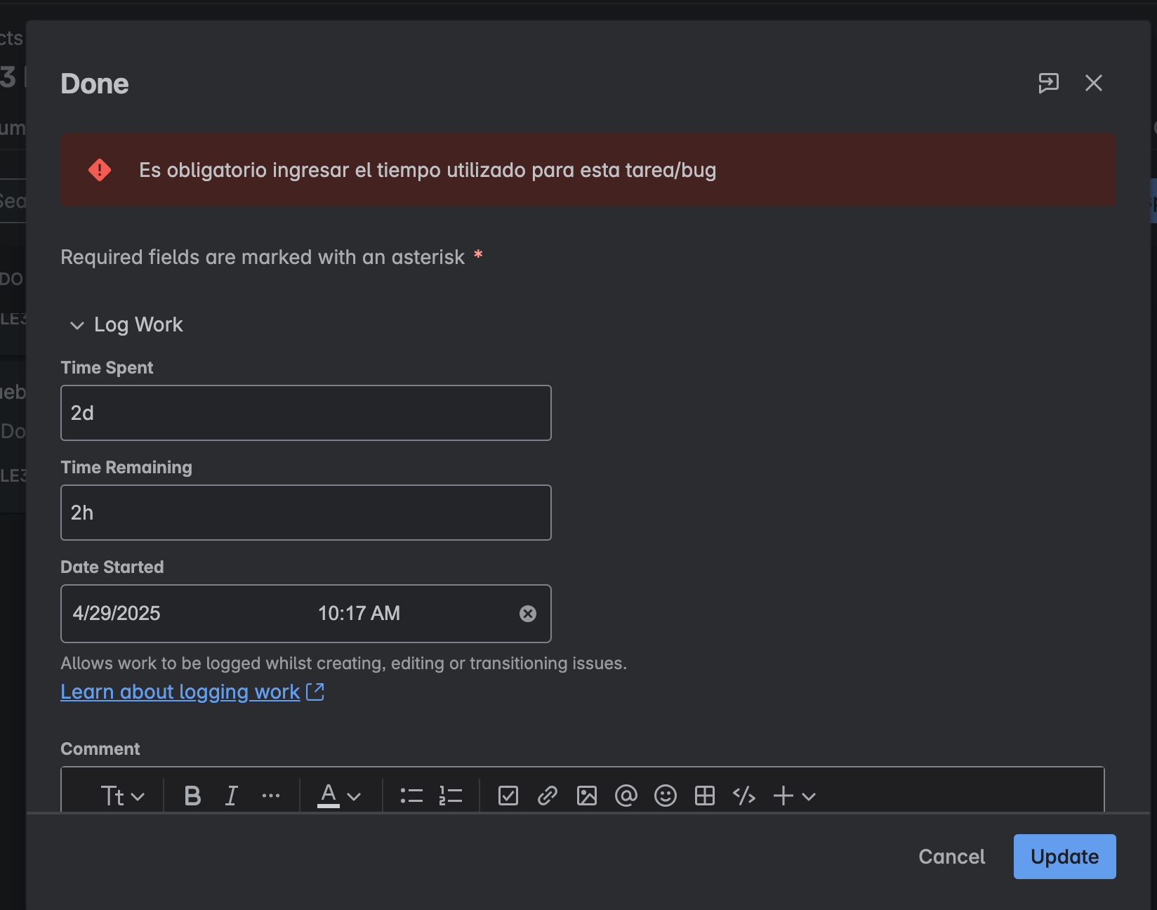 Solved: Log time modal pop up when moving task to DONE
