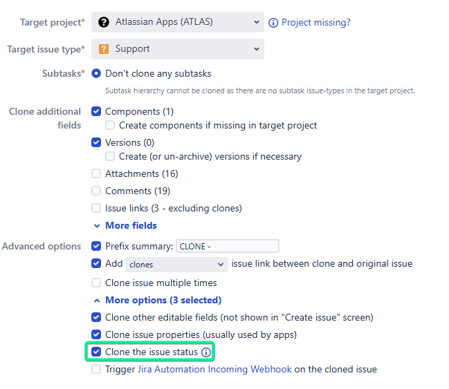 Clone team managed project workflow