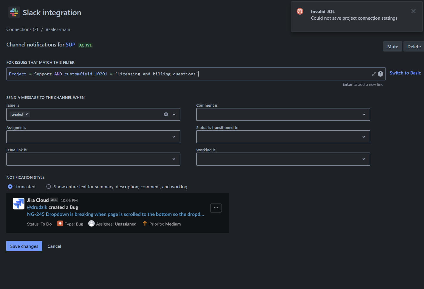 Invalid JQL for Custom Field in Slack Integration