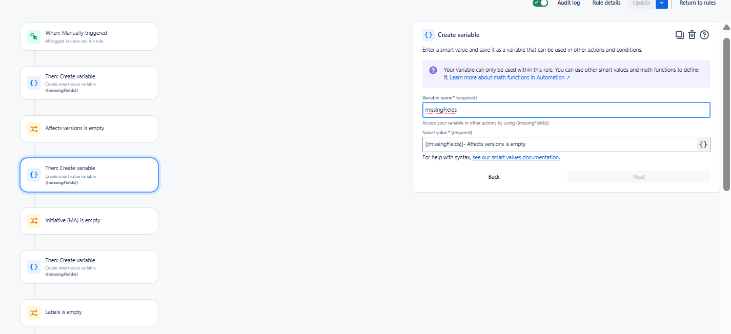 Jira automation (How to list empty fields to trigg...