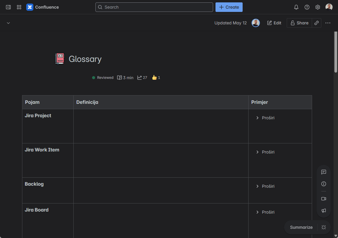 Create glossary in Confluence