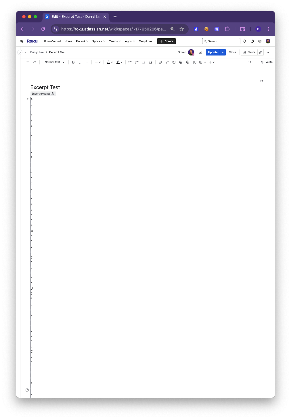 Confluence "insert excerpt" one character wide whe...