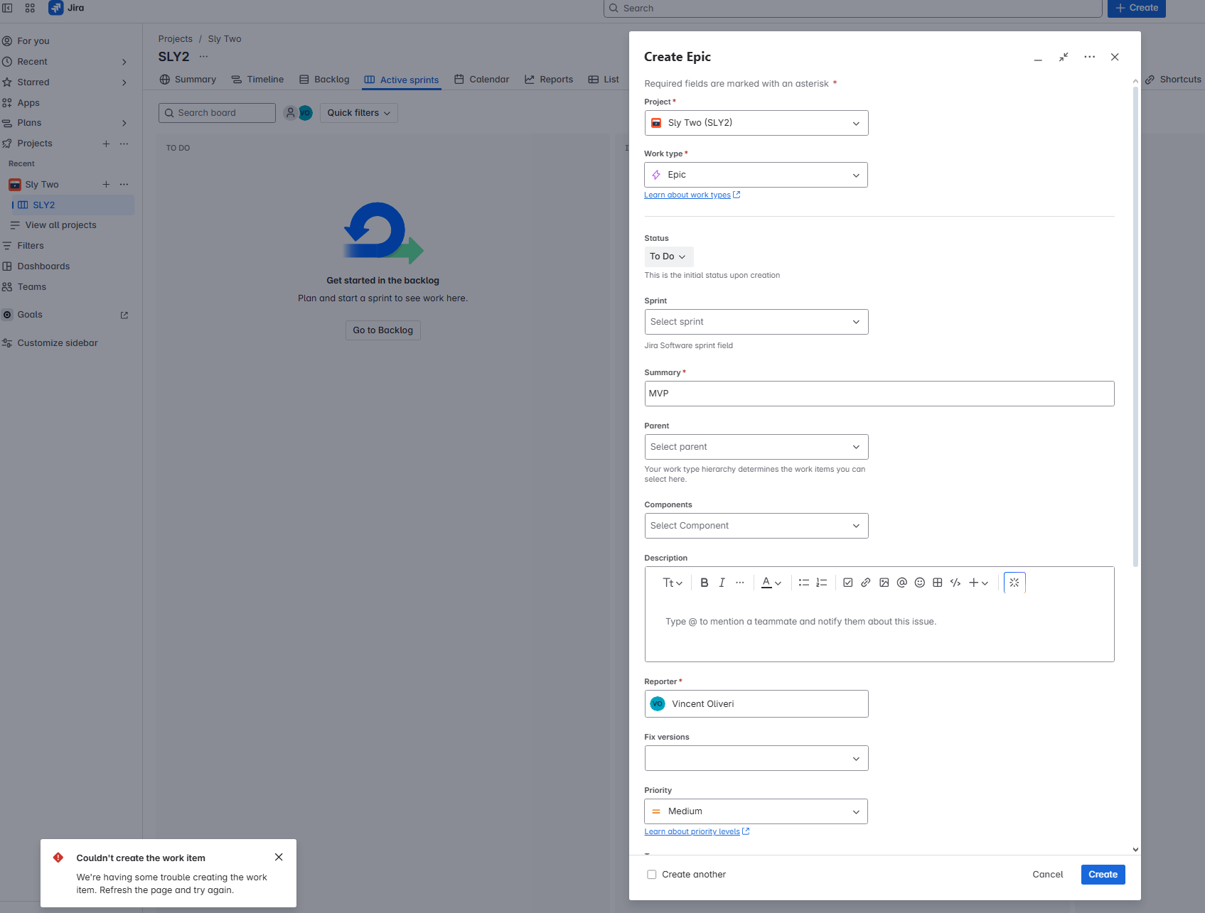 Cant Create a Work Item in JIRA