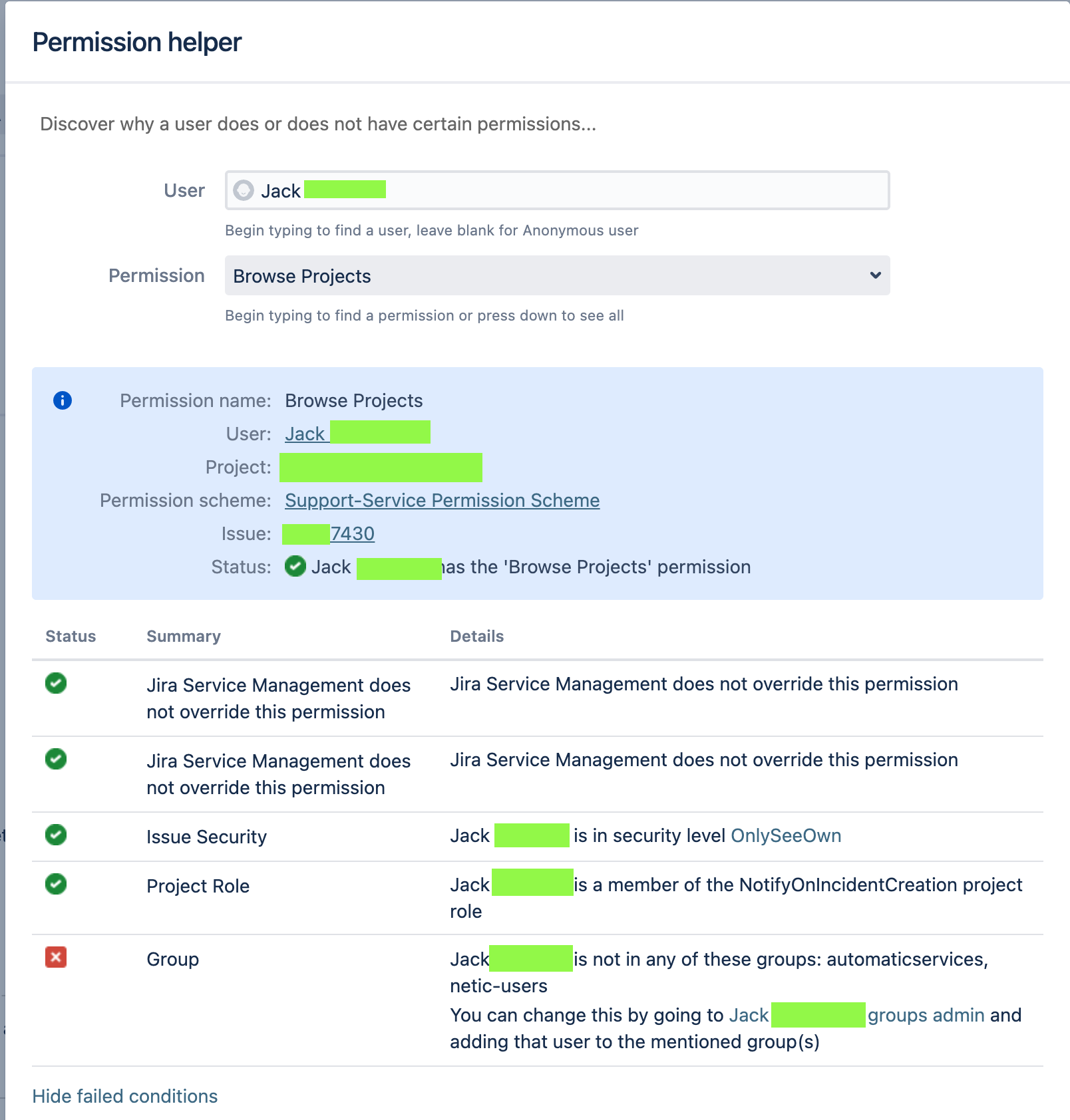 JSM Project and user with JSW license