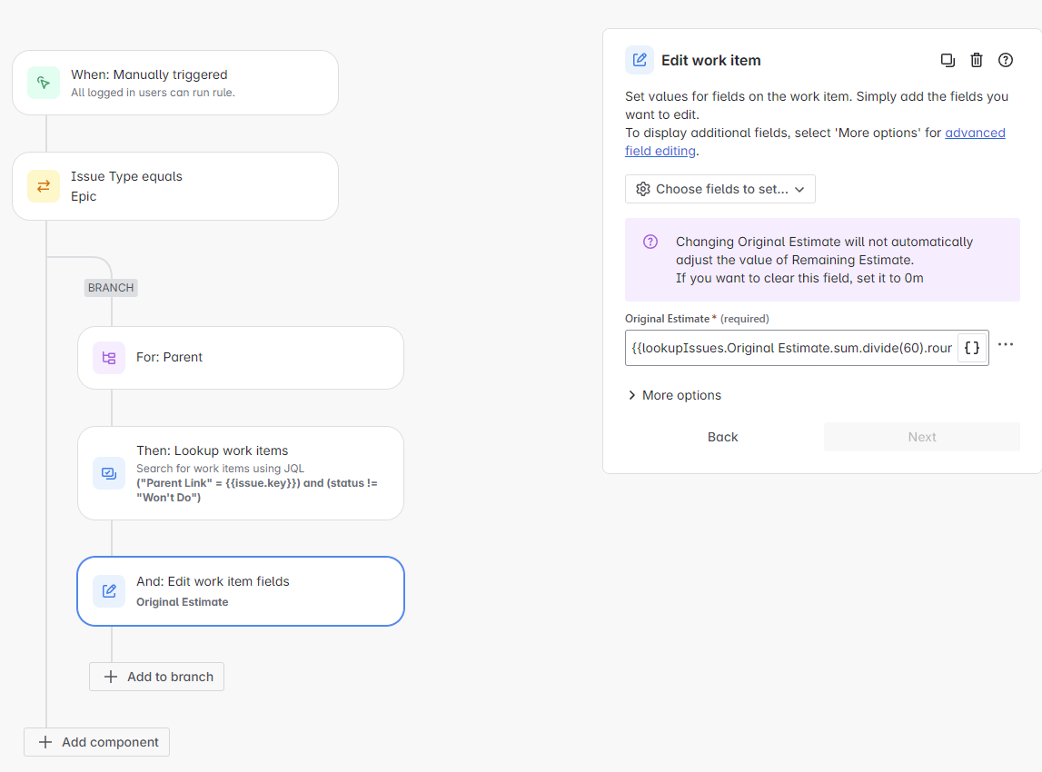 How to sum the original estimate from children to ...