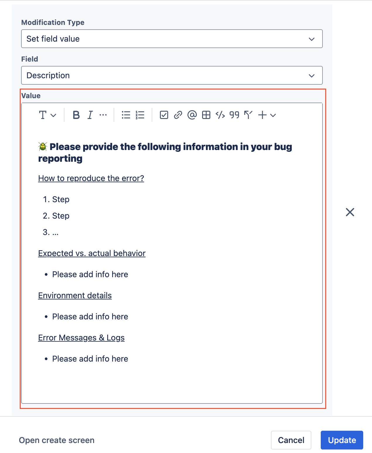 How to pre-fill the Description field with a templ...