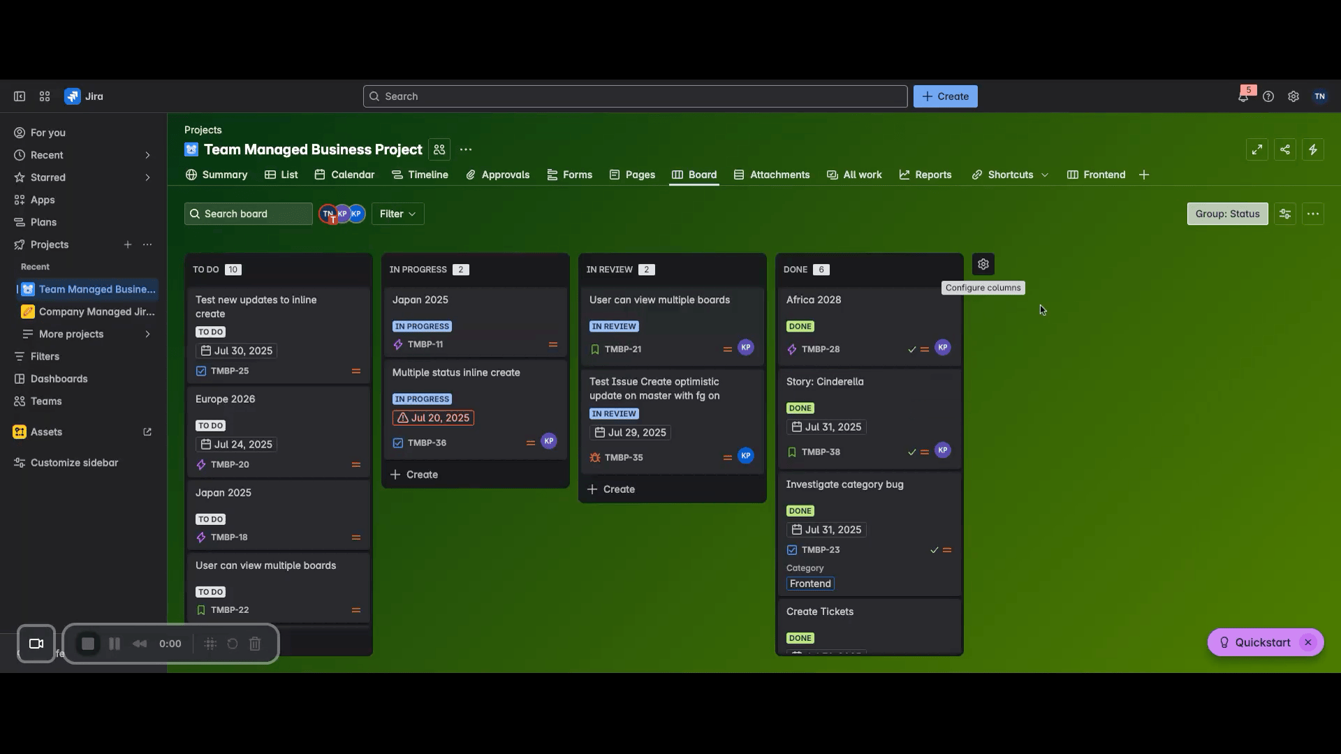 See all workflows and map status columns in business project boards
