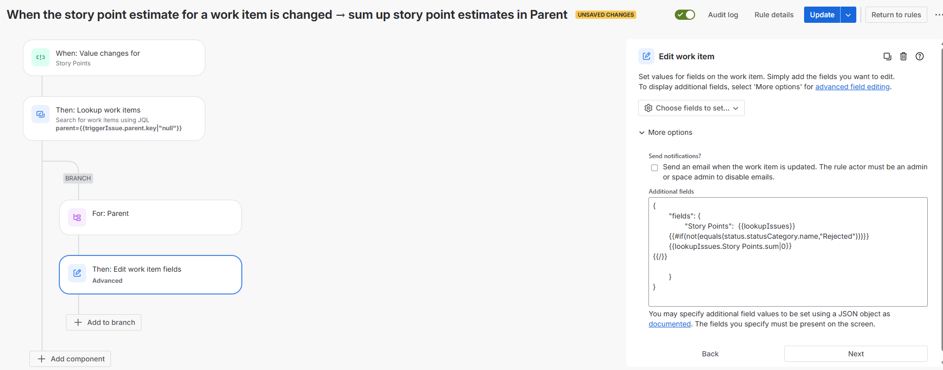 Rule to sum up story points for parent with logica...