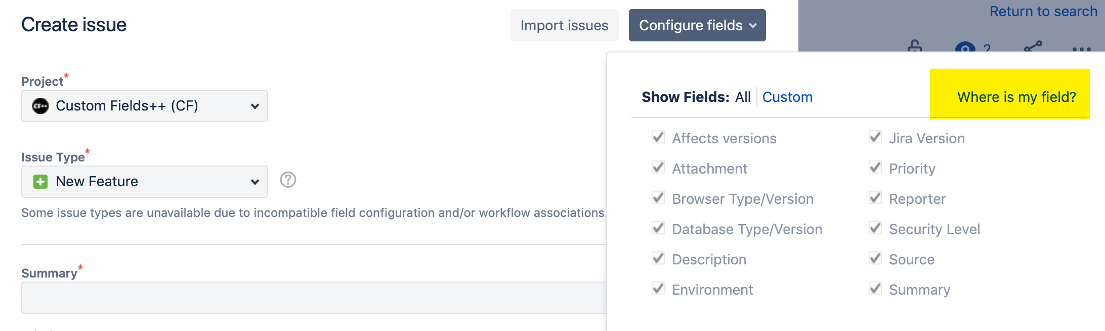 Custom Field in the new issue screen