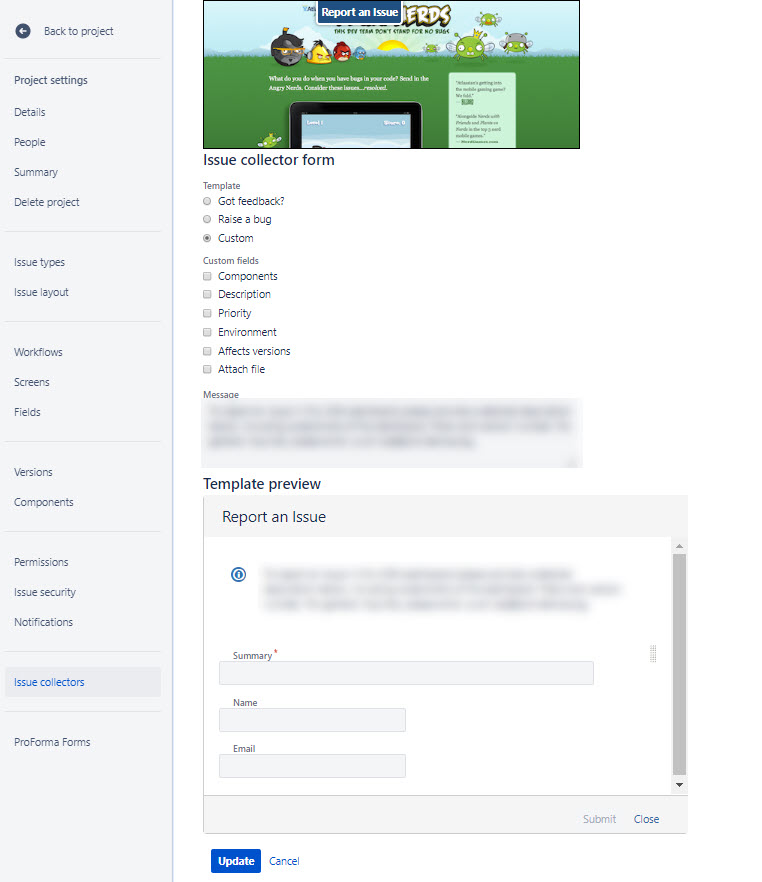 Jira issue collector custom template issues