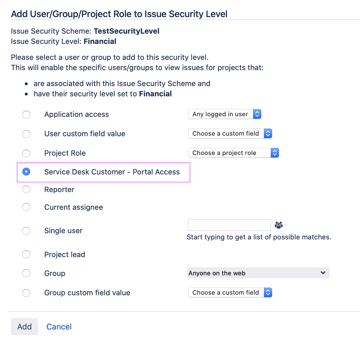What is security type in Jira Service Desk?