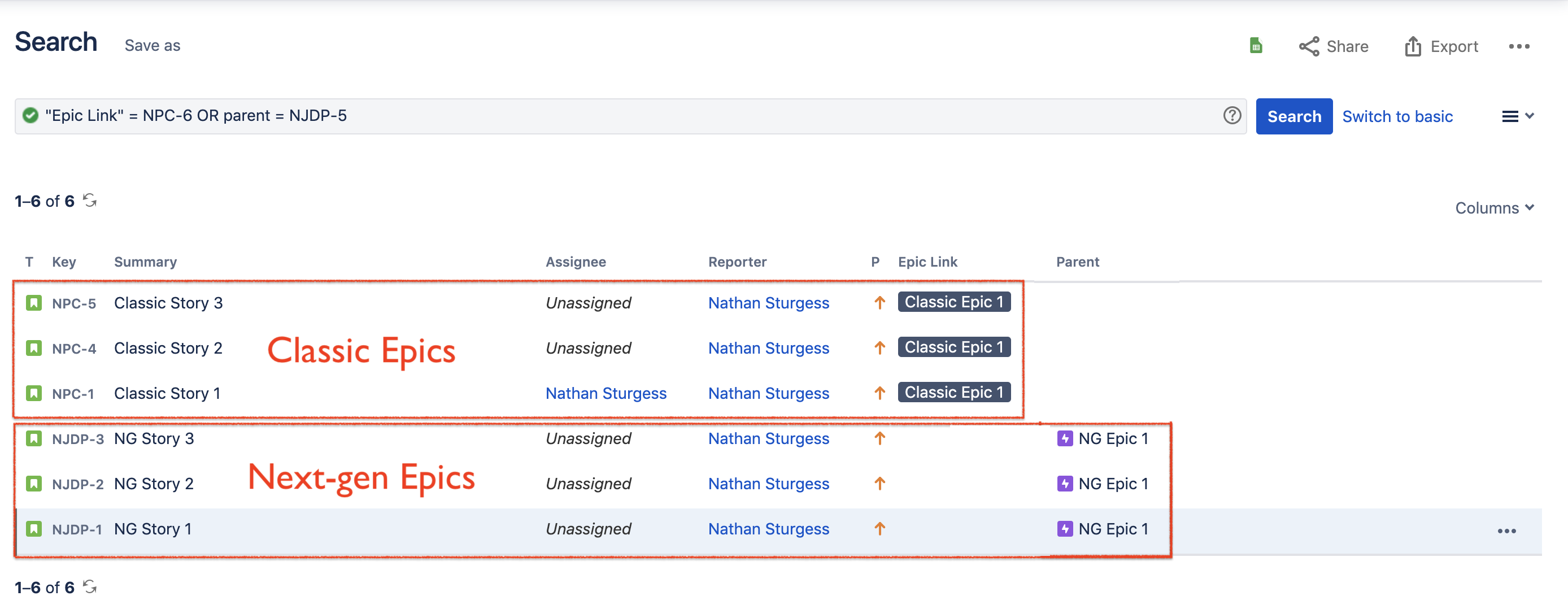 how do you display epic name in the results column...