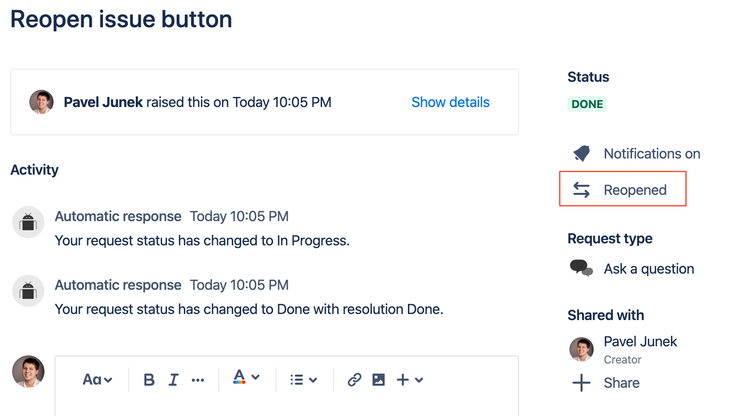 Solved: How to add reopen button for customer portal